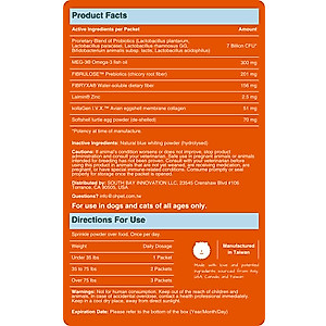 Oh!Pet 7-in-1 Skin & Coat Probiotics Powder for Dogs & Cats - 7 Billion CFUs, Omega-3 Fish Oil, Zinc, Eggshell Membrane, Softshell Turtle Egg Powder, Prebiotics, Dietary Fiber | 30 Packets