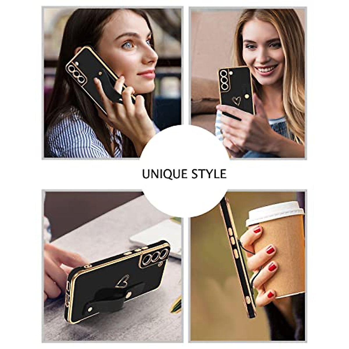 Telaso Phone Case Samsung Galaxy S22, Love Heart Cute Case with Wristband Kickstand Holder Soft TPU Plating Bumper Protective Slim Shockproof Cover for Girls Women, Black
