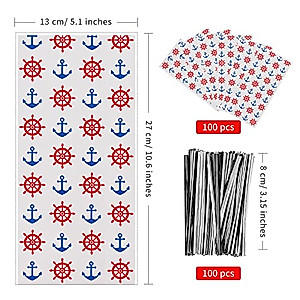 Lecpeting 100 Pcs Nautical Treat Bags Anchors Wheel Print Cellophane Candy Bags Plastic Goodie Storage Bags Nautical Party Favor Bags with Twist Ties for Nautical Theme Birthday Party Supplies