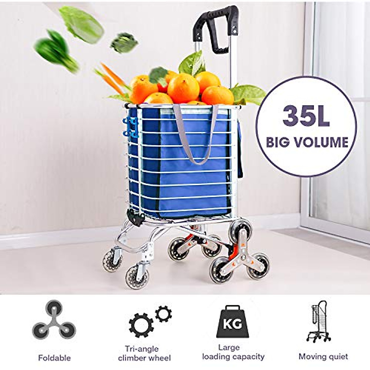 Shopping Cart for Groceries,Folding Shopping Cart Utility Shopping Laundry Cart with Wheels,Small Size (Blue)