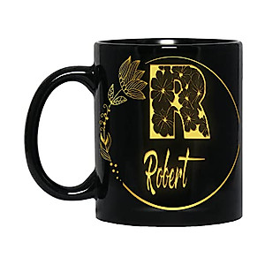 Coffee Mug Personalized Robert Name & Initial Letter Monogram Floral Alphabet Mug Golden Flowers Custom Black Coffee Cup, Gift for Her Mom Coworker Sister, Wife, Girl 11oz Black Mug 341201