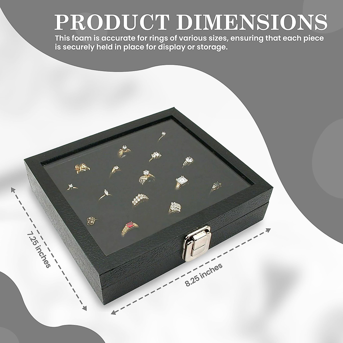 Novel Box Ring Display Glass Case Black 8.25x7.25x2 Inches with 36-Slot Black Ring Foam Insert - Travel Ring Case with Metal Clasp - Jewelry Box to Keep Rings Dust Free & Secure