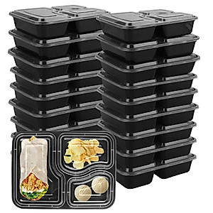 MUXHEL 50 Pack 30 oz 3-Compartment Meal Prep Containers with Lids, BPA Free Plastic Food Container Reusable, Microwave Safe Take Out Container with Lid for Meal Prep, Large, Black