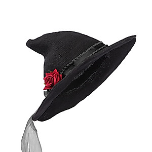 OhMill Women's Halloween Witch Hat Knit Head Ornament with Rose Big Bow Decoration,for Christmas Fancy Dress Cosplay Party Prop or Daily Wearing (Black Gauze Bow knot)