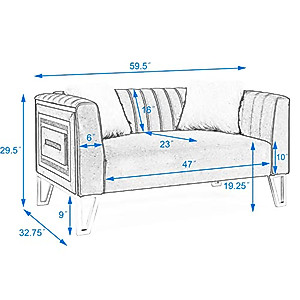 Melpomene Velvet Living Room Loveseat Sofa with Mirrored Side Trim,Faux Diamonds and 2 Villose Pillows,Grey