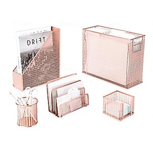 BLU MONACO 5 Piece Cute Office Supplies Rose Gold Desk Organizer Set - with Desktop Hanging File Organizer, Magazine Holder, Pen Cup, Sticky Note Holder, Letter sorter - Rose Gold Desk Accessories