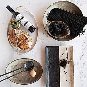 Creative Co-Op Stoneware Platter with Rattan Wrapped Handles, Reactive Glaze, White & Brown (Each One Will Vary) Tray