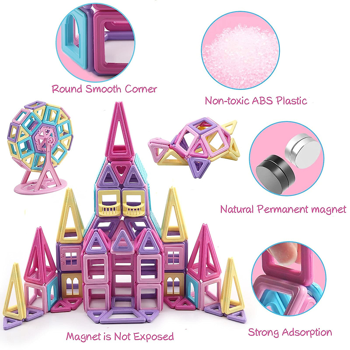 ASOK 3D Castle Magnetic Building Tiles 160pcs Development & Educational Magnetic Blocks Toys for Boys and Girls Ages 3 4 5 6 7 8 Years Old Macaron Color Learning Toys Gifts for Children Kids