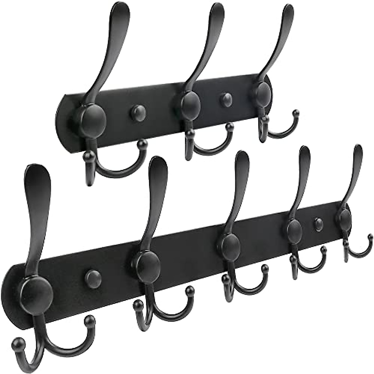 LotFancy Wall Mounted Coat Rack, Black Coat Hooks for Wall, 3 and 5 Tri Hooks, Stainless Steel Heavy Duty Metal Hook Rail for Coats, Hats, Towels, Handbags, for Kitchen, Mudroom, Entreway