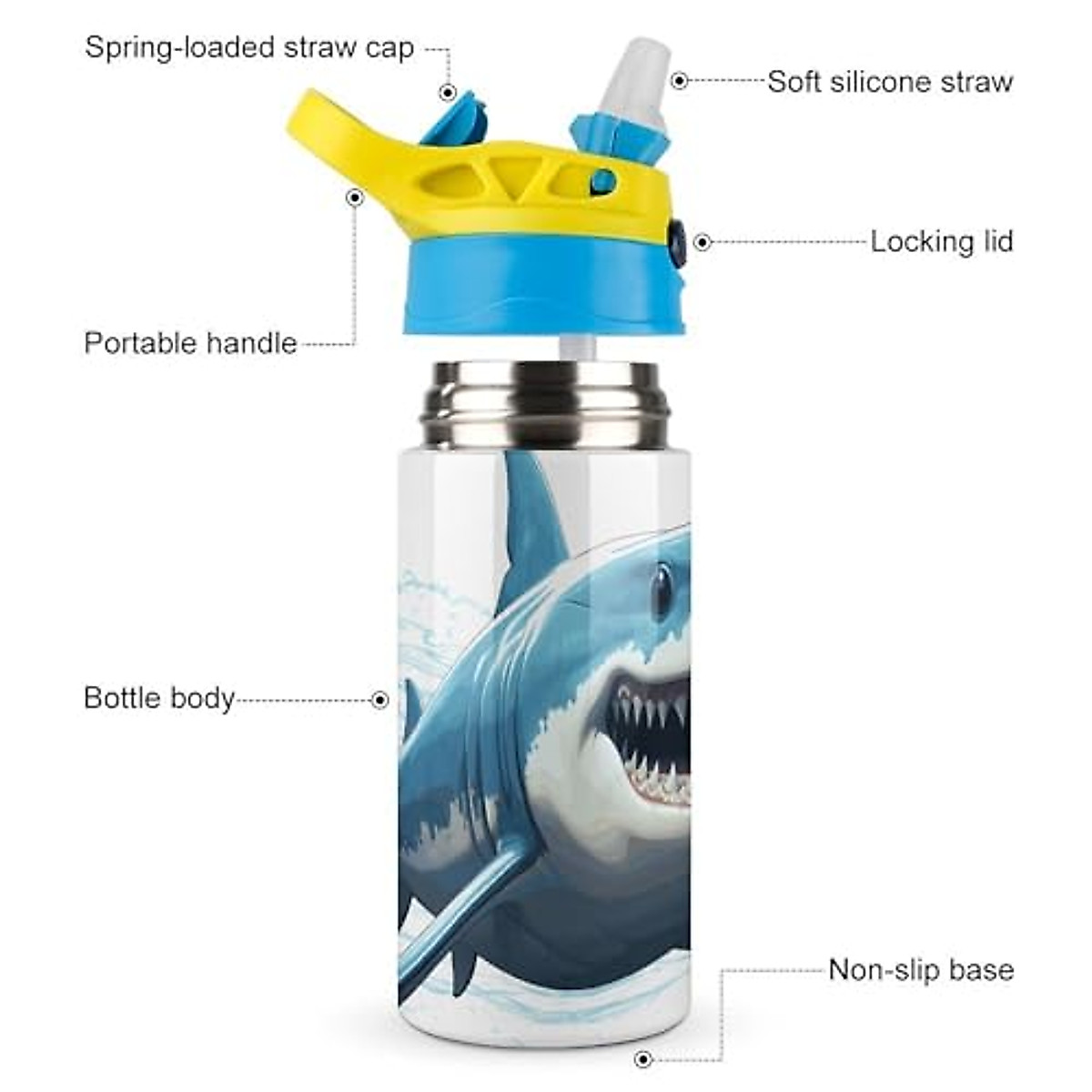 Stainless Steel Water Bottles Blue Shark Travel Water Cups with Handle And Silicone Straw Drinking Cup with Leak Proof Lid Thermo Travel Mug for Women Men