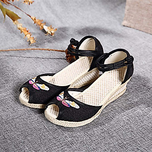Singles Shoes Sandals for Women Retro Linen Canvas Wedge Round Toe Casual Sandals Walk Shoes Black