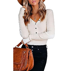 PRETTYGARDEN Women Long Sleeve Tops - Sexy V Neck Button Slim Fitted Ribbed Henley Shirts (White, X-Large)