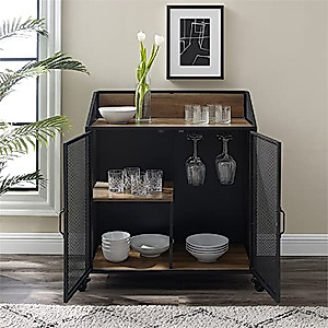 Walker Edison Malcomb Urban Industrial Metal Mesh Double Door Rolling Bar Cabinet, 33 Inch, Rustic Oak