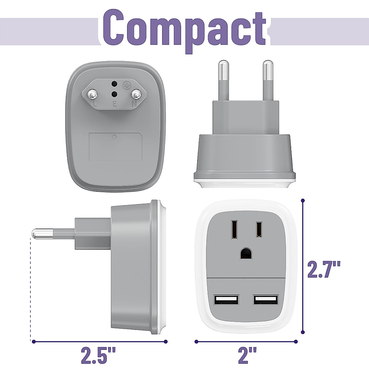 Bates- European Travel Plug Adapter, Adapter with USB, European Plug Adapter, US to Europe Plug Adapter, Converters and Adapters for Travel, Outlet Converter, Power Adapter Europe, Adapters for Europe