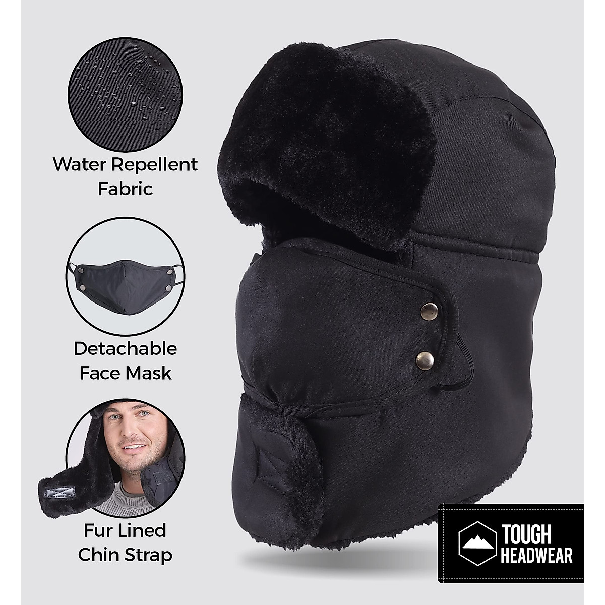 Tough Headwear Winter Trapper Hat with Mask - Russian Ushanka Trooper Aviator Hats for Men & Women -Snow Eskimo Hat with Ear Flaps for Cold - Full Black