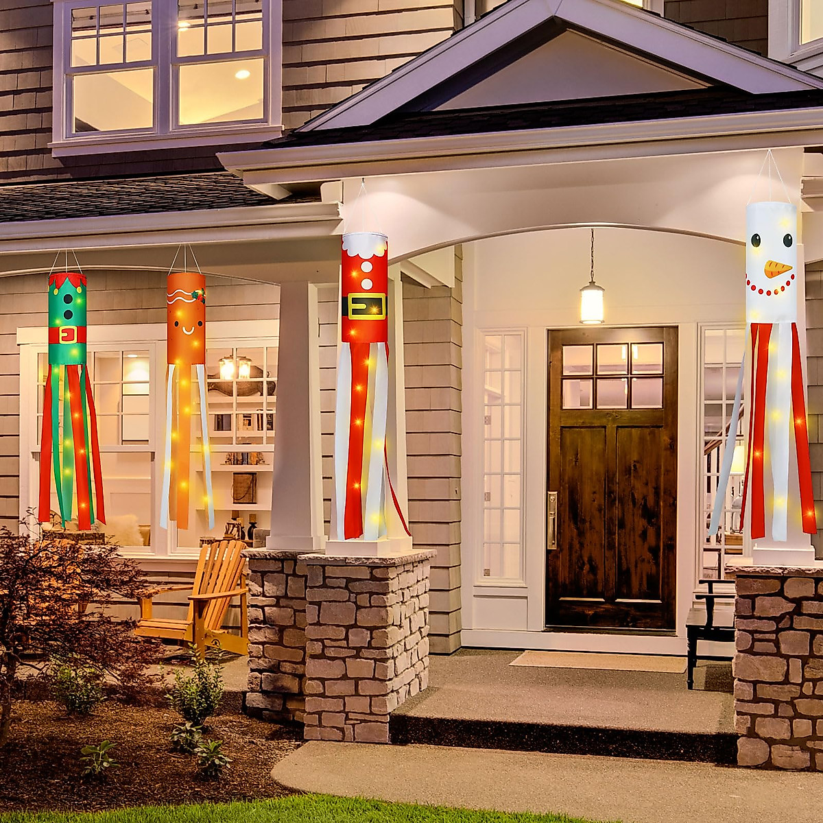 VitalCozy 4 Pcs Christmas Windsock Flags with LED Light Christmas Tree Hanging Decorations Santa Claus Gingerbread Man Elf Snowman Christmas Decorations for Lawn Yard Patio Garden Winter Party Decor
