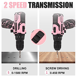 COMOWARE Pink Cordless Drill Set, 12V Power Drill Set Electric Screwdriver Driver Tool Kit for Women, 3/8" Keyless Chuck 1 Battery & Charger with Storage bag