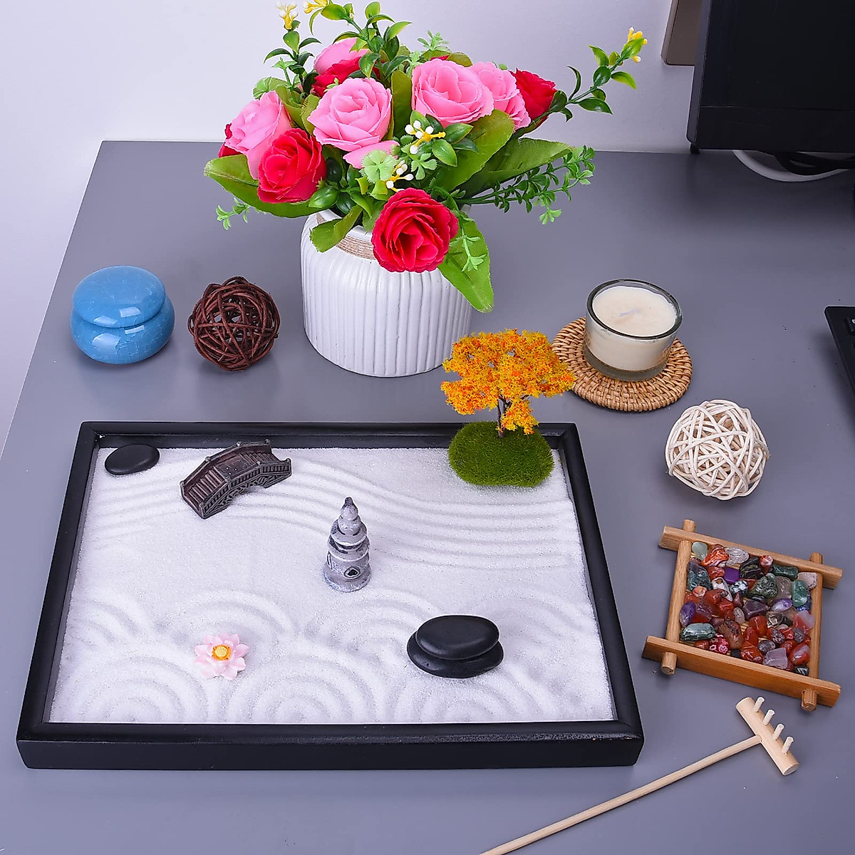 Japanese Zen Garden Kit - Mini Garden with Rock Bridge Pagoda Maple Trees Agate Stones - Meditation Gift Set for Relaxation - Home & Office Desk Decor with Rake Tools and Zen Accessories,Black