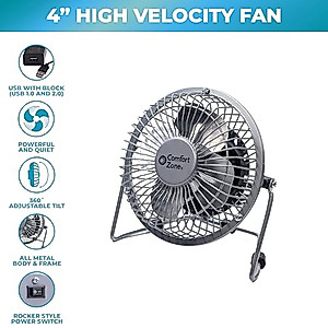 Comfort Zone Mini Portable Desk Fan with 360-Degree Adjustable Tilt, Dual Powered (USB or Power Cord), 4 inch, All-Metal Construction, Airflow 3.31 ft/sec, Ideal for Home, Bedroom & Office, CZHV4S