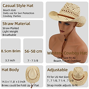 Melesh Adult Straw Sun Beach Western Cowgirl Cowboy Hat for Women (US, Alpha, One Size, Beige)