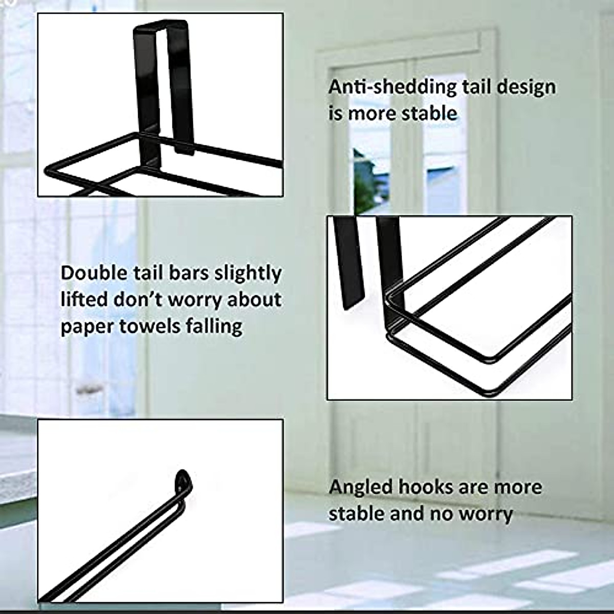 Luxsego Paper Towel Rack Under Cabinets, 1.4" Hanging & No Drilling Paper Towel Hanger for Kitchen Cabinets Bathroom, Stainless Steel, Double Support (Black)