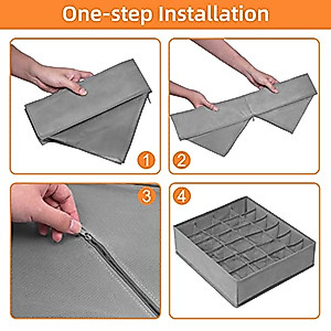 Sock Underwear Drawer Organizer Dividers 44 Cell, 4 Pack Underwear Drawer Organizers for Large Bras, Foldable Closet Organizers and Storage for Clothing, Socks, Underwear, Ties (Gray)