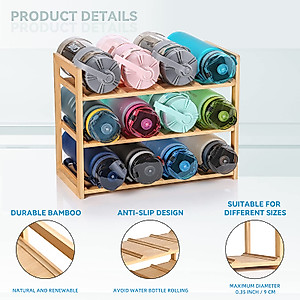 Ackitry 12 Water Bottle Organizer, Freestanding Bamboo Water Bottle Holder Rack, Sturdy Water Cup Stand Storage for Cabinet, Kitchen Countertops, Table Top, Pantry (for 12 Bottles)
