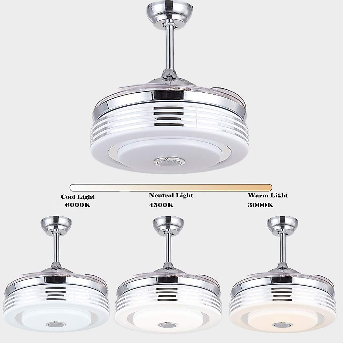 Fandian 42" Ceiling Fan with Lights Smart Bluetooth Speaker Remote Control Chandeliers, Retractable Blades, 3 Speed, Dimmable 7 Color Change Lighting for Living Room Bedroom