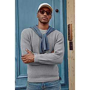 PJ PAUL JONES Crew Neck Sweater for Men Cable Knit Waffle Pullover Thermal Sweaters Grey XXL