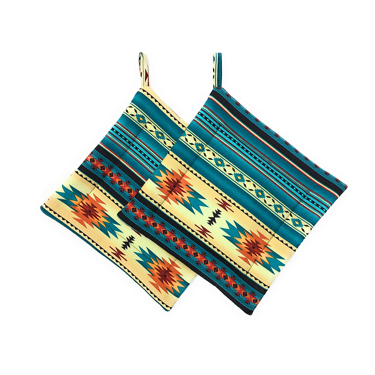 Southwest Black Teal Orange on Cream Ties On Stays Put Kitchen Bathroom Hanging Loop Hand Dish Towel and Set of 2 Square Hot Pad Pot Plate Holders Trivets Hostess Housewarming Gift