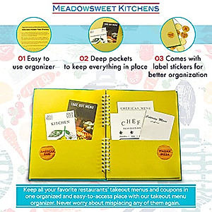 Meadowsweet Kitchens Takeout Menu Holder Organizer, Restaurant Coupon & Menu Binder w/ 8 Large Pockets, 10 Sticker Labels, & Elastic Closure, Take Out Menu Book Sleeve Spiral Binder (Colorful Kitchen)