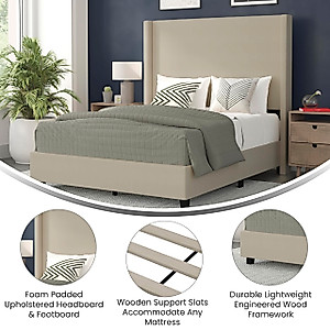 Merrick Lane Bramlett Modern Platform Bed - Beige Faux Linen - Queen - Padded Wingback Headboard - 3" Floor Clearance - Wood Support Slats - No Box Spring Needed