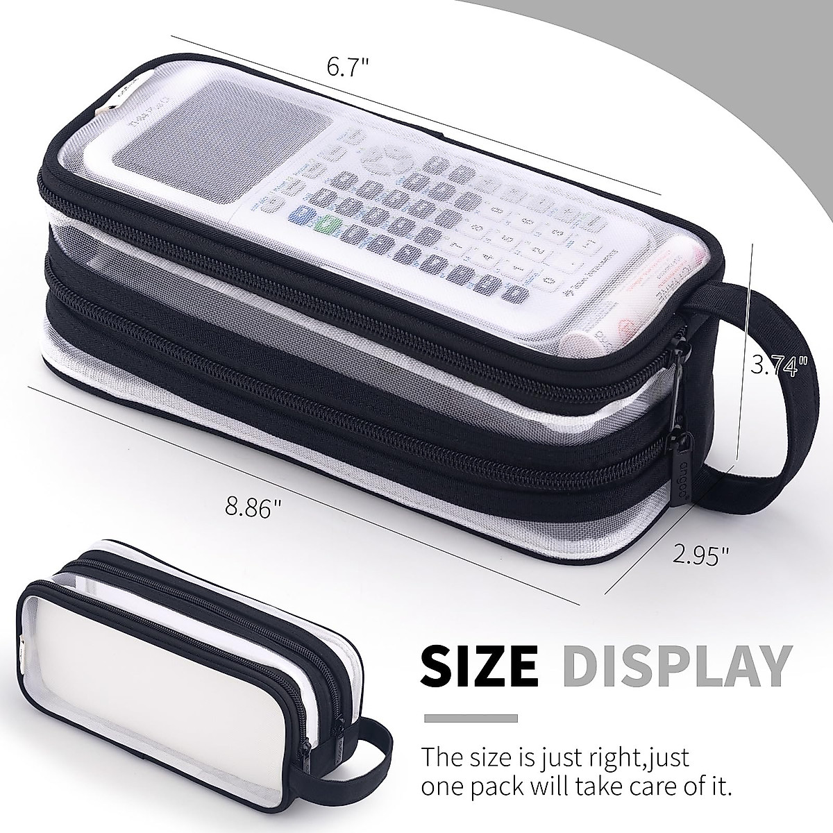 ANGOOBABY Large Grid Mesh Pencil Case 2 Compartment Pen Bag Clear Handheld Multifunction Pencil Pouch Transparent Makeup Bag for Teen Student College Business Travel Office Adult - Black