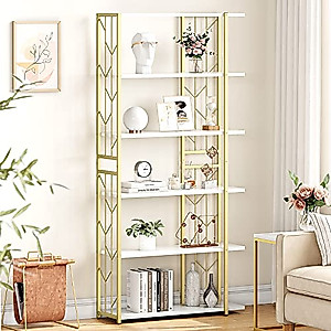 GAOMON 6 Tier Bookshelf Gold Bookcase Tall Standing Bookshelves Modern Storage Rack Shelf Large Unique Display Racks Metal Book Shelf for Bedroom, Living Room, Home Office