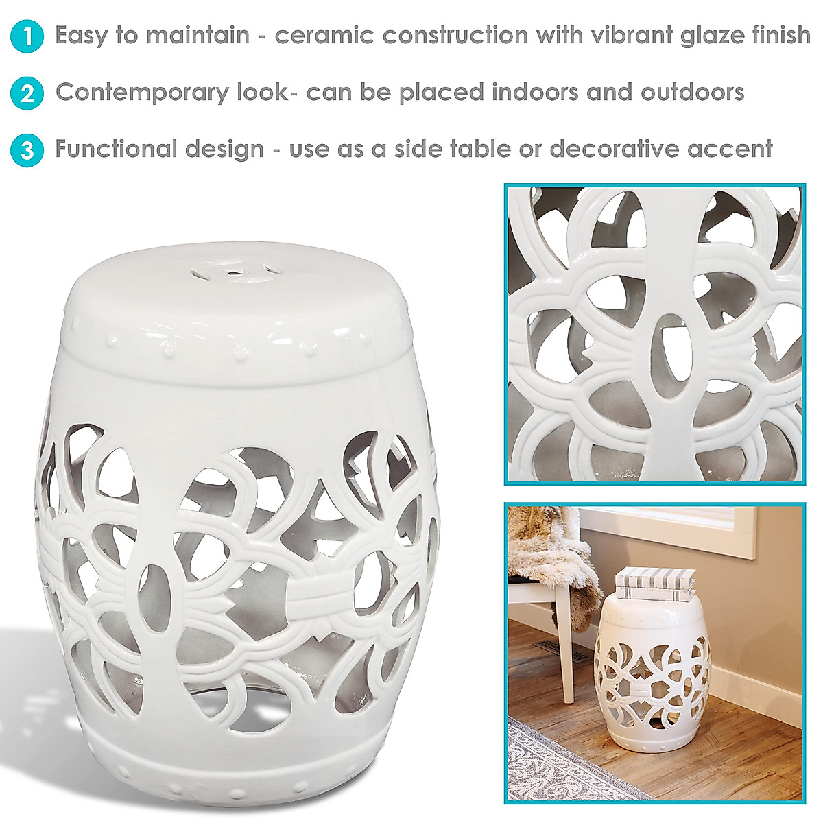 Sunnydaze Knotted Quatrefoil Ceramic Garden Stool Side Table - Indoor or Outdoor - 18-Inch H - White Glazed Finish