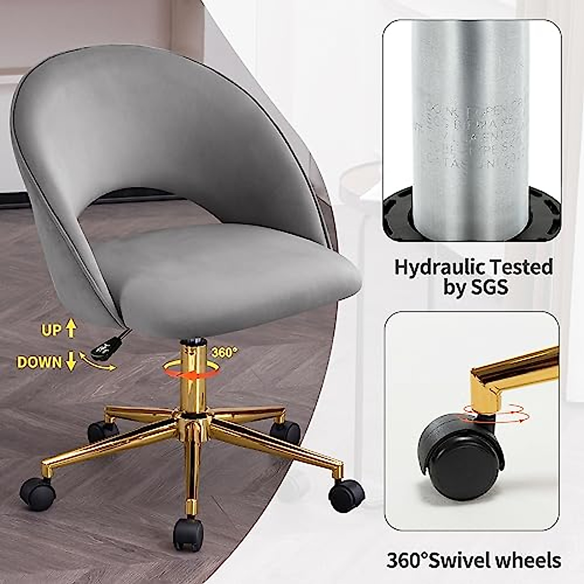 Furniliving Velvet Home Office Chair, Cute Desk Chair Swivel Armchair Upholstered Task Chair with Gold Metal Base, Vanity Chair Adjustable Computer Chair Makeup Chair for Living Room (LightGrey)