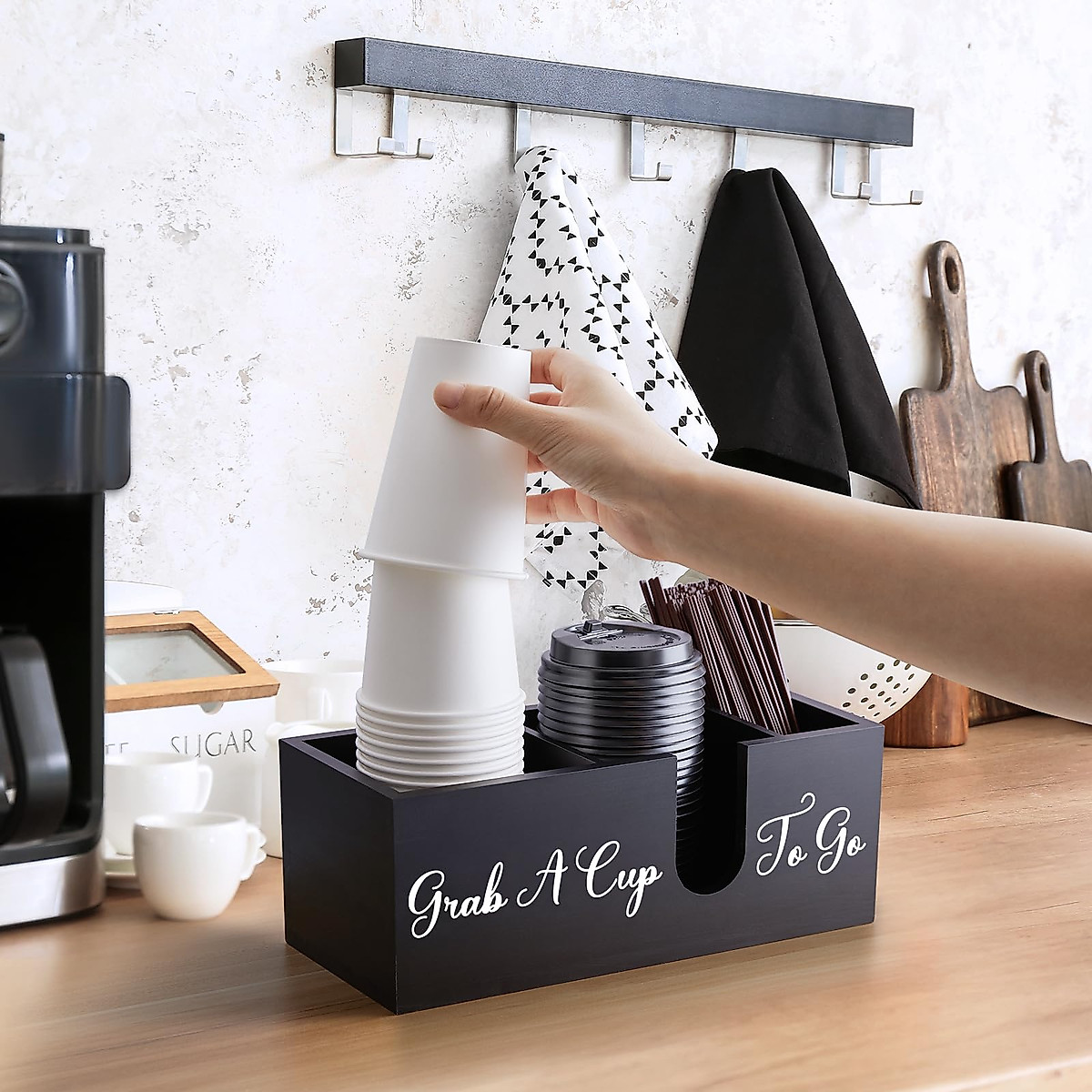 ALELION Coffee Cup Holder for Countertop - Wood Coffee Bar Accessories and Organizer - Coffee Station Organizer for Cup Lid Stirrers Pod - Black Farmhouse Coffee Bar Table Decor