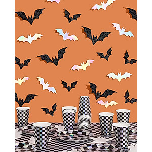 xo, Fetti Halloween Bat Wall Decor - 50 pcs. | Spooky Season Decoration, Haunted House Party Signs, Adhesive Bat Decor, Black and Silver Backdrop