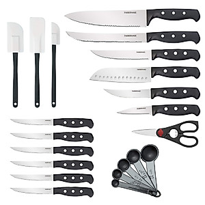 Farberware 22-Piece Never Needs Sharpening Triple Rivet High-Carbon Stainless Steel Knife Block and Kitchen Tool Set, Black & 78892-10 Farberware Plastic Cutting Board, 11-inch by 14-inch, White