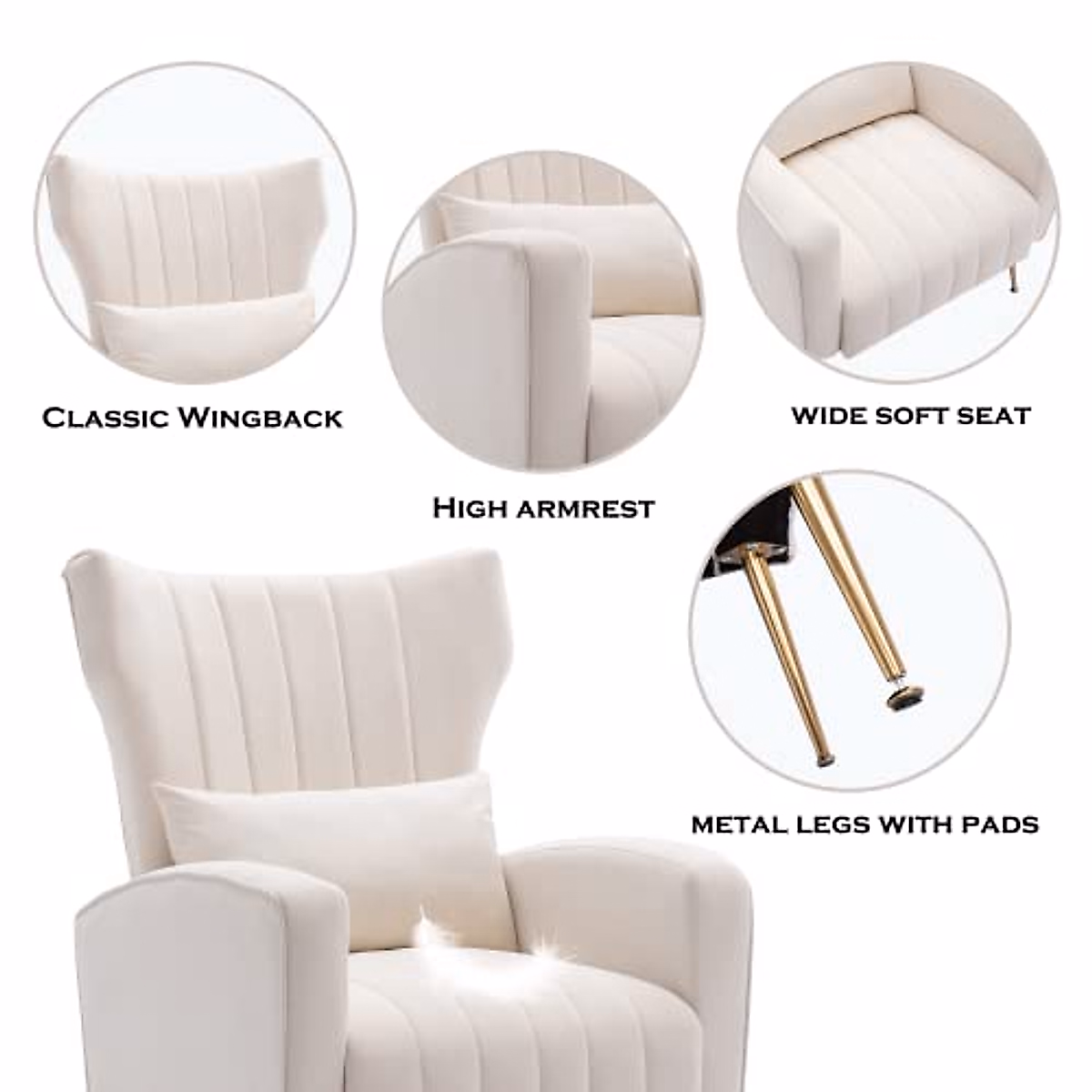 chairus Wingback Velvet Accent Chairs Set of 2, Modern Living Room Armchairs Comfy Upholstered Single Sofa Chair for Bedroom Dorms Reading Reception Room with Gold Legs & Small Pillow, Cream