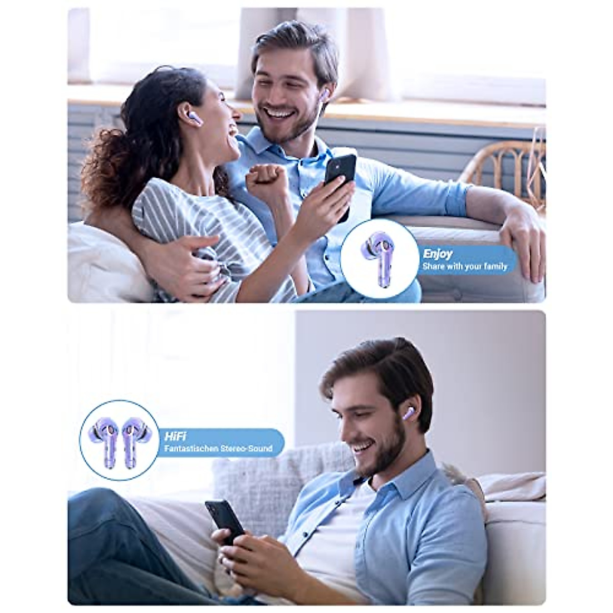 ACEFAST T8 Wireless Earphones Bluetooth 5.3 Headphones LED Power Display Mini Crystal in-Ear Earbuds with Wireless Charging Case Touch Control Built-in Mic Headphone for Sports Waterproof Earphone