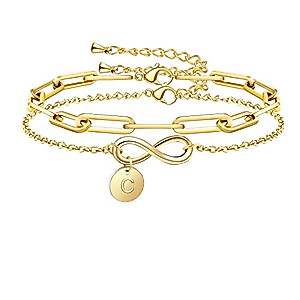 Gold Initial Bracelets for Women, Dainty 14K Gold Filled Layered Paperclip Chain Letter Initial Bracelet 26 Alphabet Disc Charm Bracelet Jewelry Gifts for Women-C