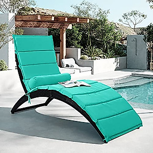 Livspace Patio Furniture Outdoor Adjustable PE Rattan Wicker Chaise Lounge Chair Sunbed,Blue Cushion