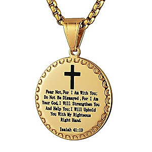 HZMAN Isaiah 41:10 Fear Not, For I Am With You Stainless Steel Religious Bible Verses Inspirational Cross Round Pendant Necklace for Men Women (Gold)