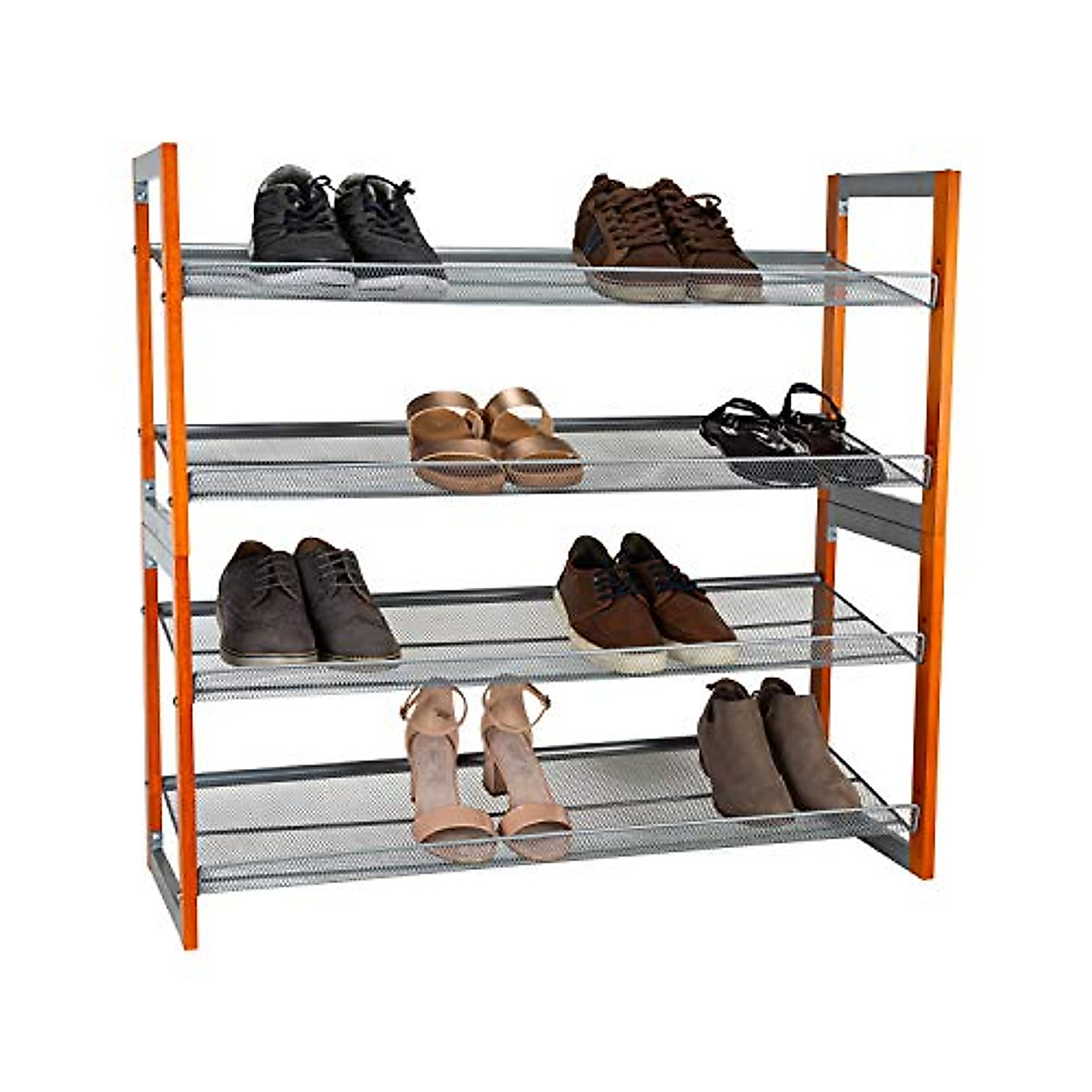 Organize It All Stackable Shoe Storage Rack | Dimensions: 12.75 x 35.25 x 33.46 inches | 4 Shelves | Holds 16 Pairs | Freestanding | Space Saver | Durable | Home Organization | Grey