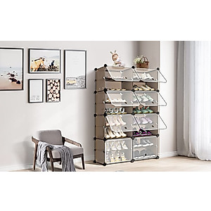 UNZIPE Shoe Rack with Door, 56 Pairs Shoes Storage Cabinet Plastic Freestanding Shoe Shelves DIY Cube Organizer for Closet, Bedroom，Garage Entryway, Dark Coffee