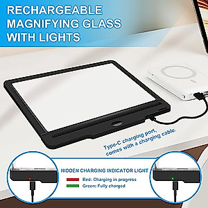 5X Magnifying Glass with Light, Dimmable LED 9.5” x 6.9” Full Page Magnifier, Rechargeable Magnifying Glass for Reading - Ideal Magnifier for Reading and Close Work - Black