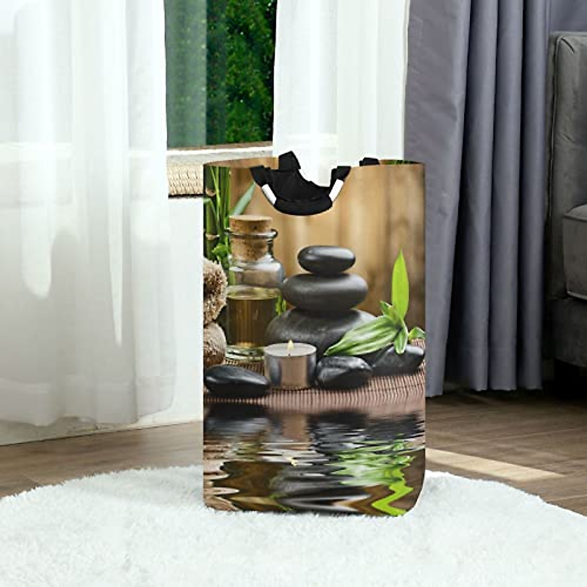 Kigai Zen Basalt Stones on Wood Laundry Baskets Collapsible Large Storage Laundry Baskets,Storage Basket with Handles Clothes Organizer