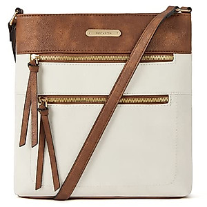 BOSTANTEN Crossbody Purses Shoulder Bags for Women Designer Leather Zipper Cell Phone Purses Handbags with Adjustable Strap Brown with White