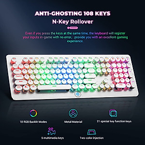 STOGA Retro Mechanical Keyboard, Typewriter Keyboard, RGB Gaming Keyboard with RGB Backlit, Wired White Keyboard with Round Keycaps and Multimedia Keys for Gaming/Office(108 Keys, Brown Switch)